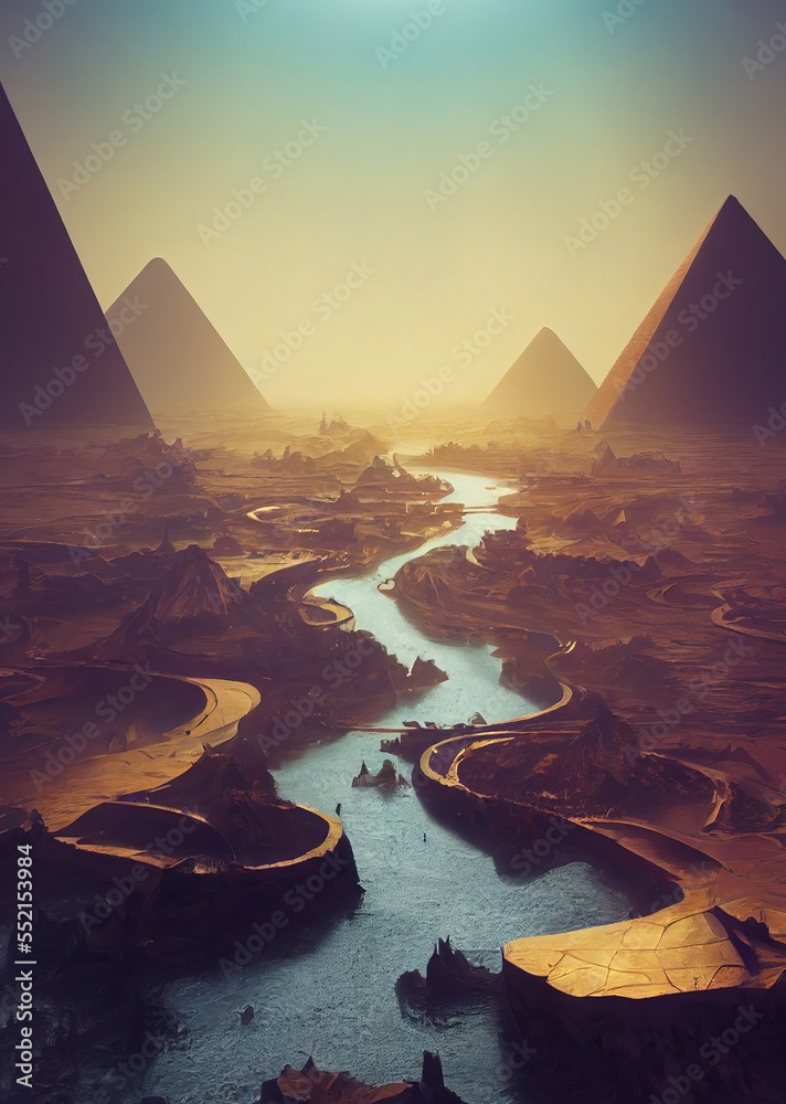 Pyramids of Egypt. Epic fantasy. Ancient ruins concept art. River ...