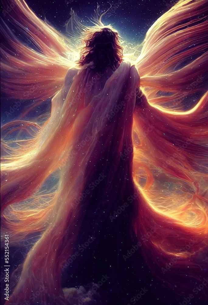 Jesus Christ second coming to save humanity. Savior back view with ...