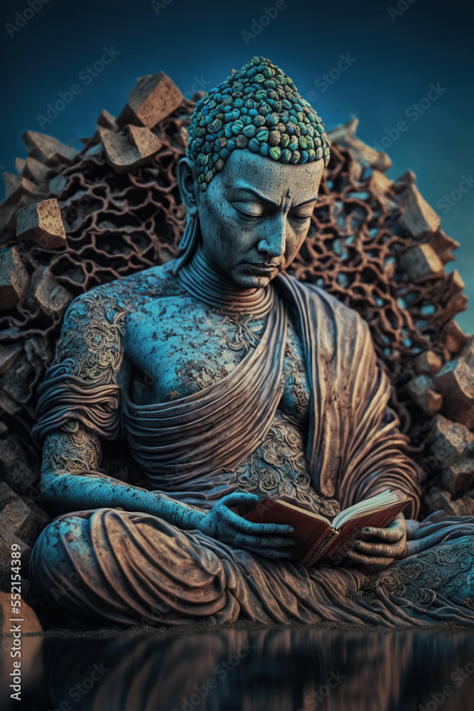 Ancient stone statue of Buddha reading a spiritual book sitting in ...
