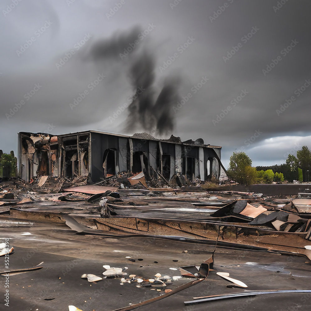 Generative AI illustration of a industrial facility damaged from an ...