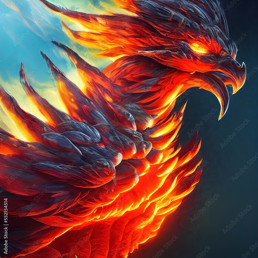 Phoenix raising from the ashes. An epic fiery bird glowing in the dark ...