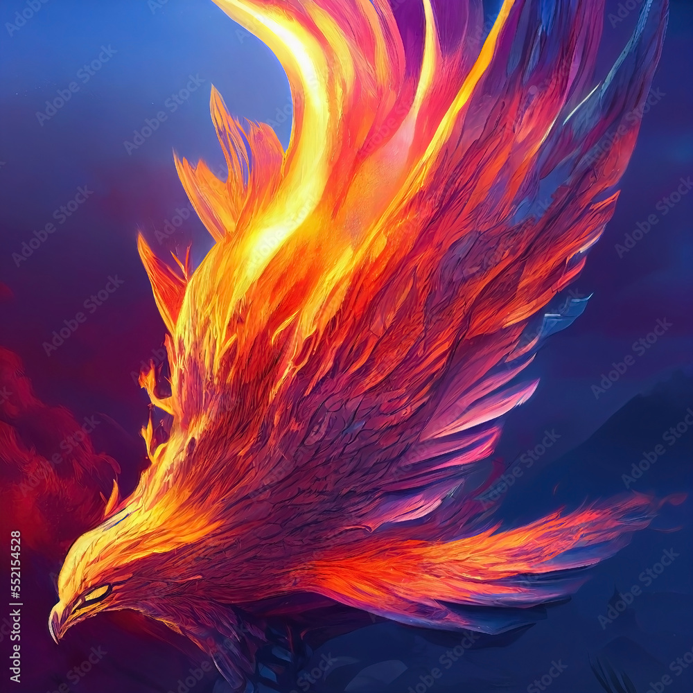 Phoenix raising from the ashes. An epic fiery bird glowing in the dark ...