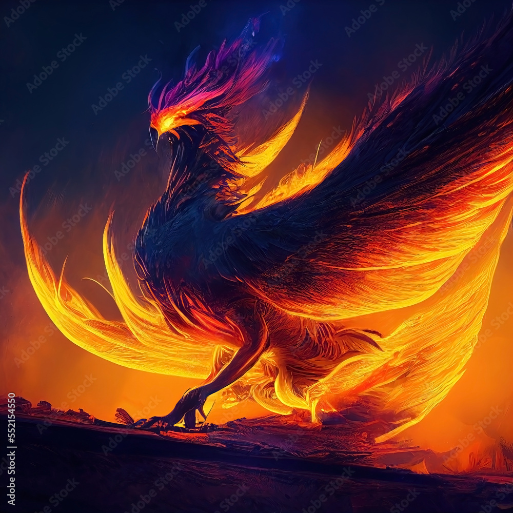 Phoenix raising from the ashes. An epic fiery bird glowing in the dark ...