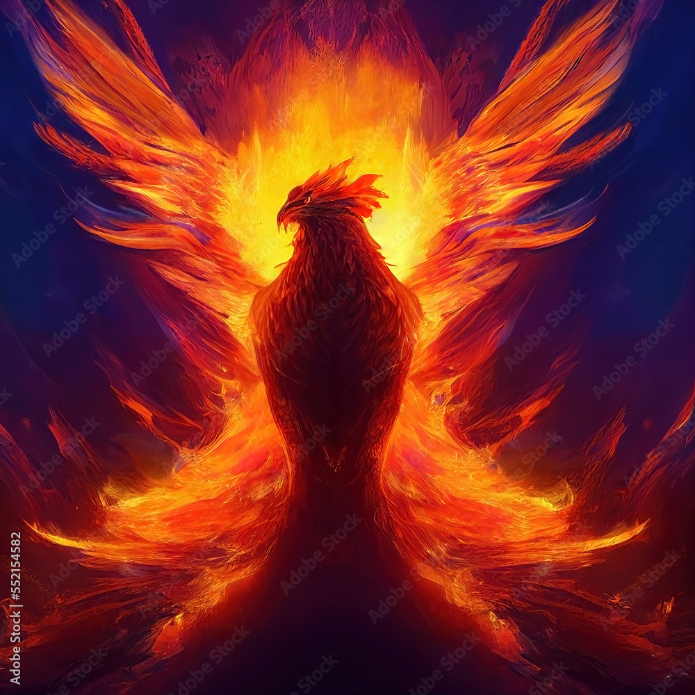 Phoenix raising from the ashes. An epic fiery bird glowing in the dark ...