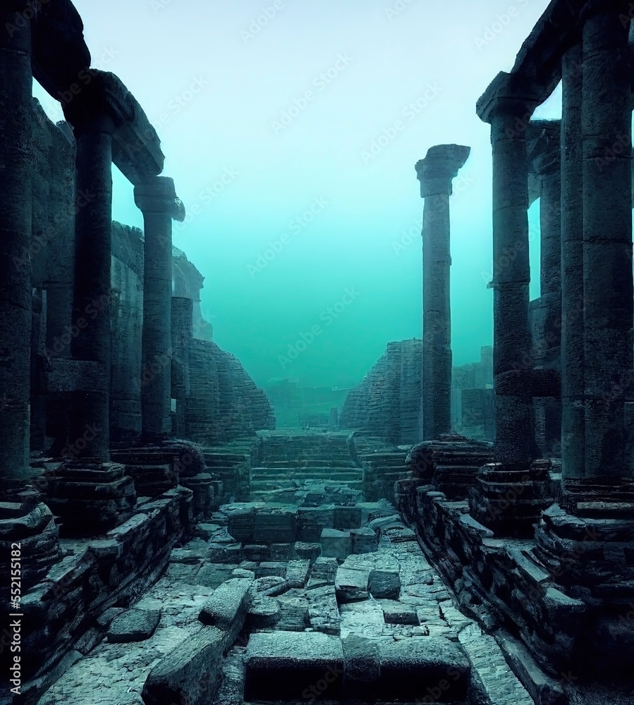 Lost city of Atlantis. Ancient city ruins. Water, ocean, sea ruins ...