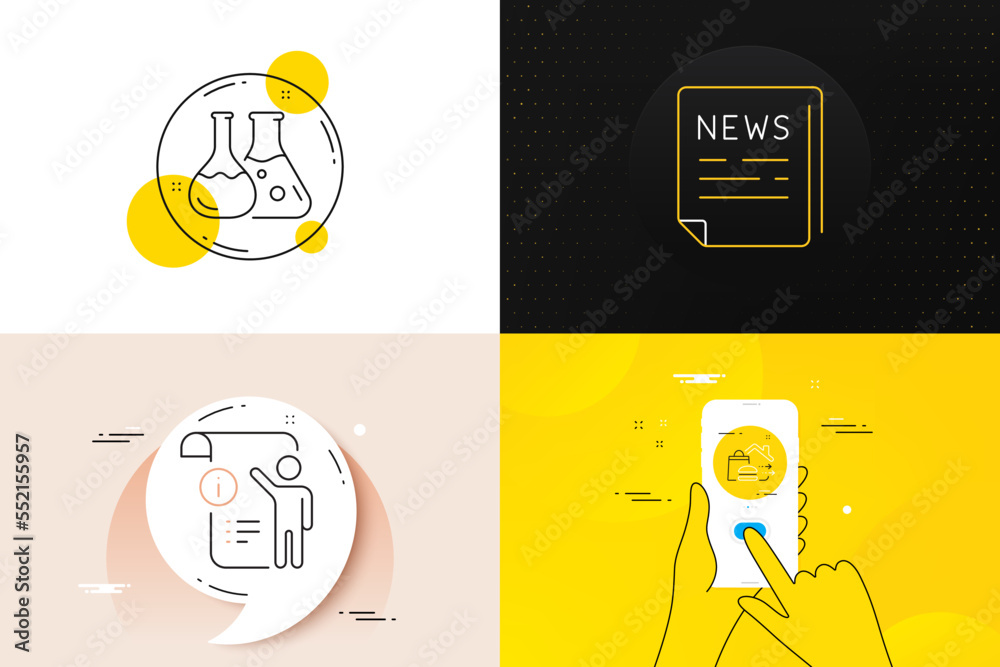 Minimal set of Fake news, Chemistry lab and Manual doc line icons. Phone screen, Quote banners ...