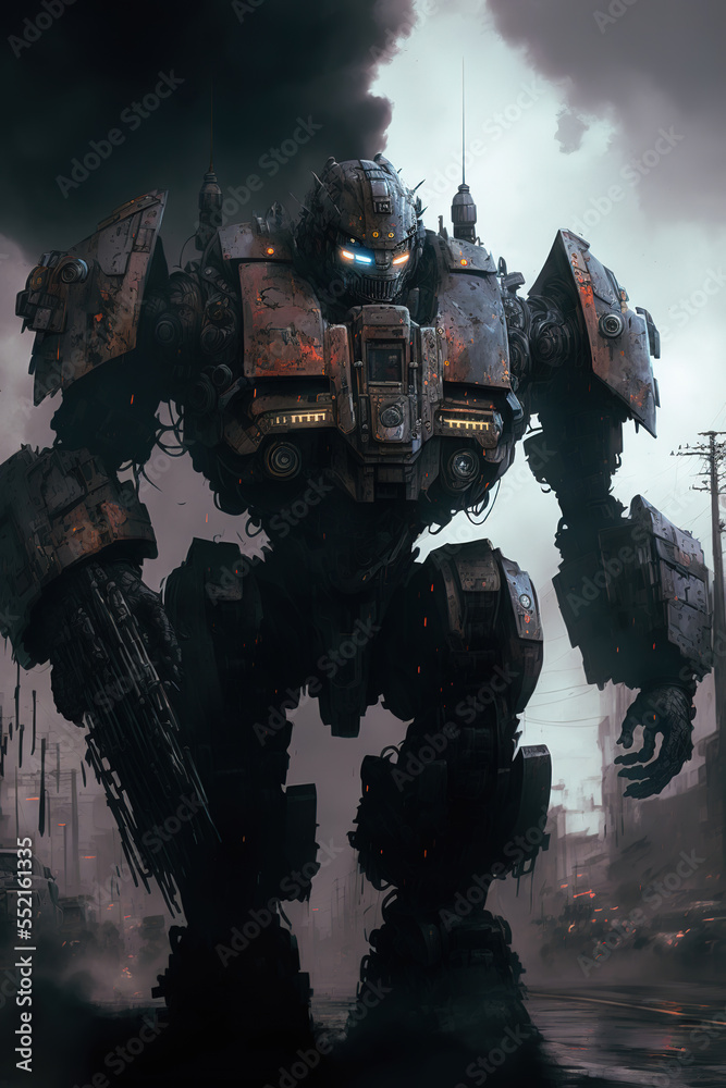 a battleworn mecha travelling through a destroyed city. Evil robot ...