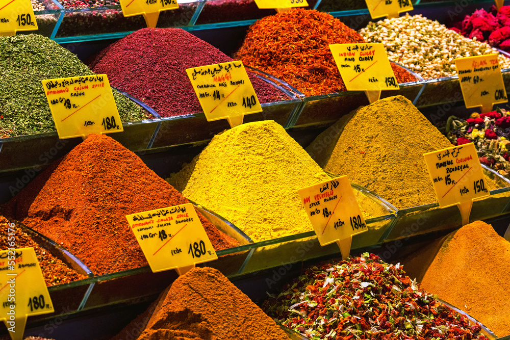 Spices Market with colourful mood. Turkish names of spices sorts and ...