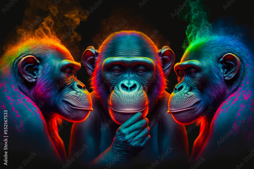Three monkeys thought in multi-colored flames. Abstract multicolored ...
