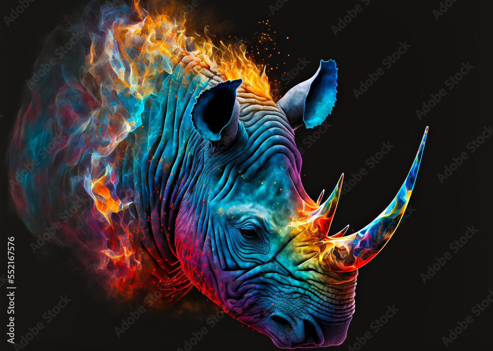 Rhinoceros, the head of a rhinoceros in a multi-colored flame. Abstract ...
