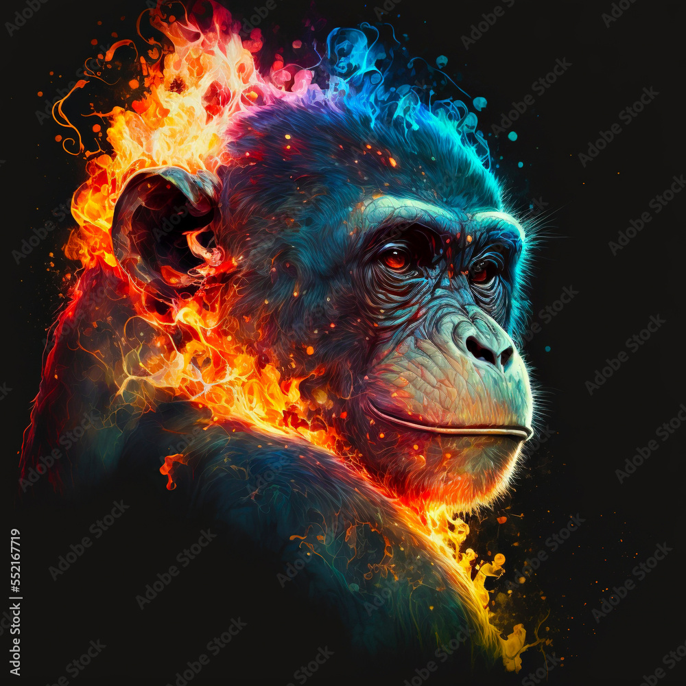 Monkey, monkey head in colorful flames. Abstract multicolored profile portrait of a monkey head ...