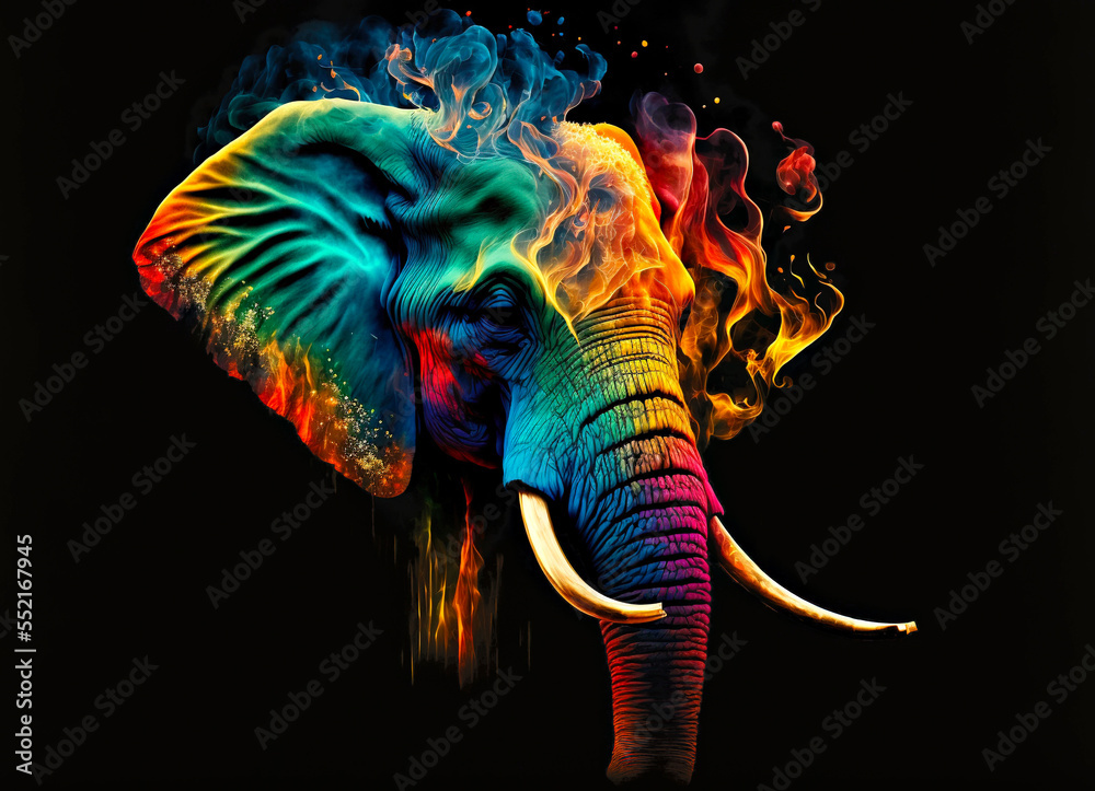 Elephant in a colorful flame. Abstract multicolored profile portrait of ...