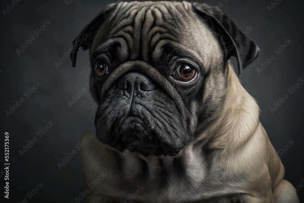 Image of a sorrowful pug in closeup, set against a gray backdrop ...