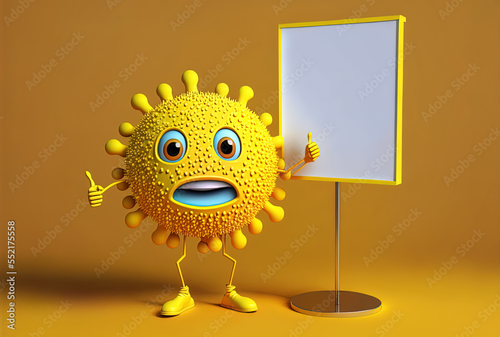 Cartoon covid 19 virus mascot figure with a yellow backdrop and a white ...
