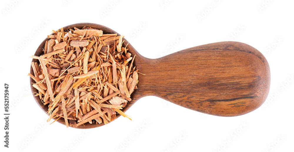 Catuaba bark in wooden bowl, isolated on white background. Trichilia ...