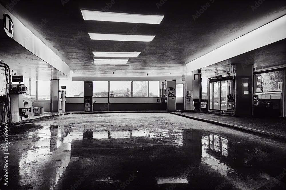 Sci-fi looking dark underground parking lot with fluorescent lights on ...