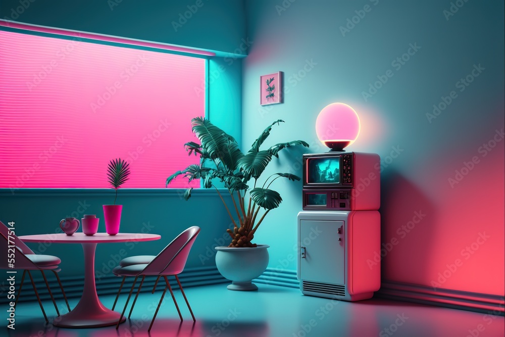 Trendy and stylish 90s style retro room with neon lighting and retro ...