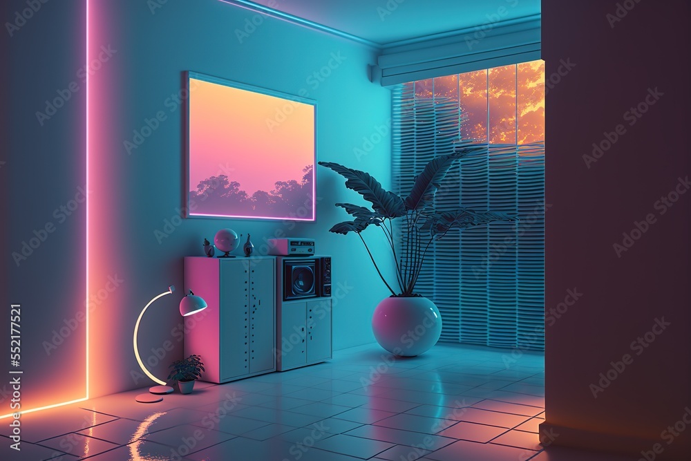 Trendy and stylish 90s style retro room with neon lighting and retro ...