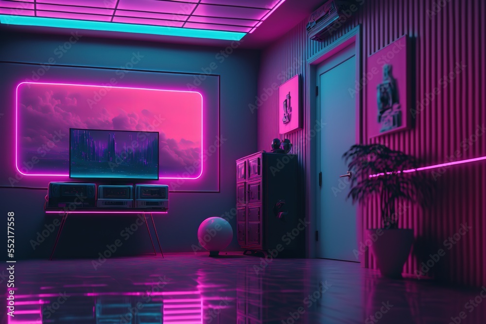 Trendy and stylish 90s style retro room with neon lighting and retro ...