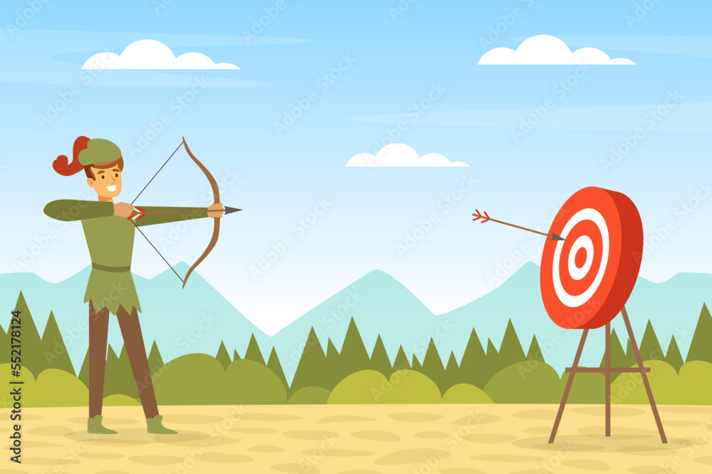 Medieval Life Scene with Man Archer in Green Feathered Hat Shooting ...