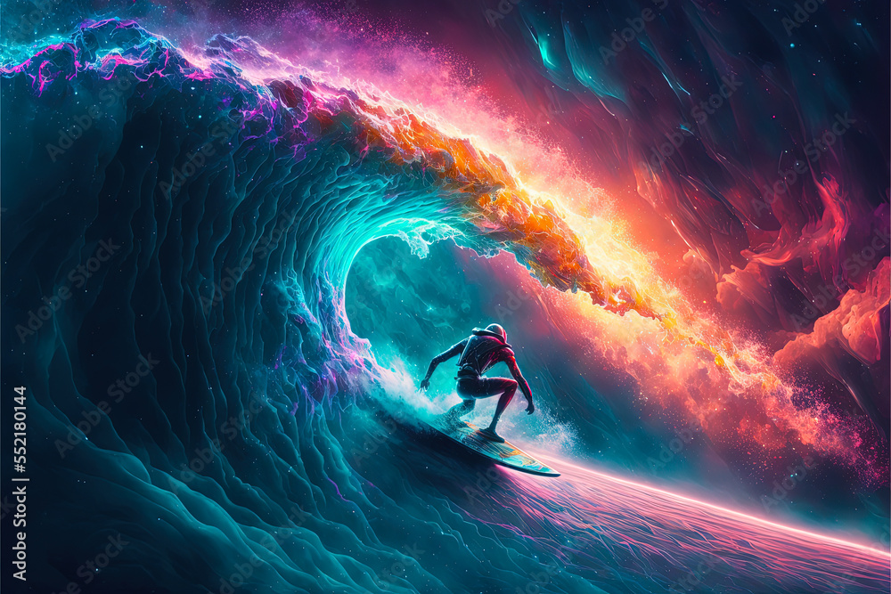 Fantasy concept illustration of magic surfer gliding on a nebula wave ...