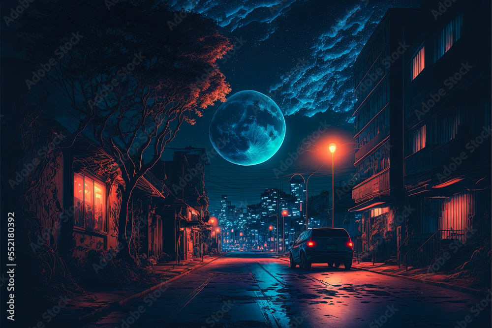 Ambient night illustration with street lamps illuminating the road and ...
