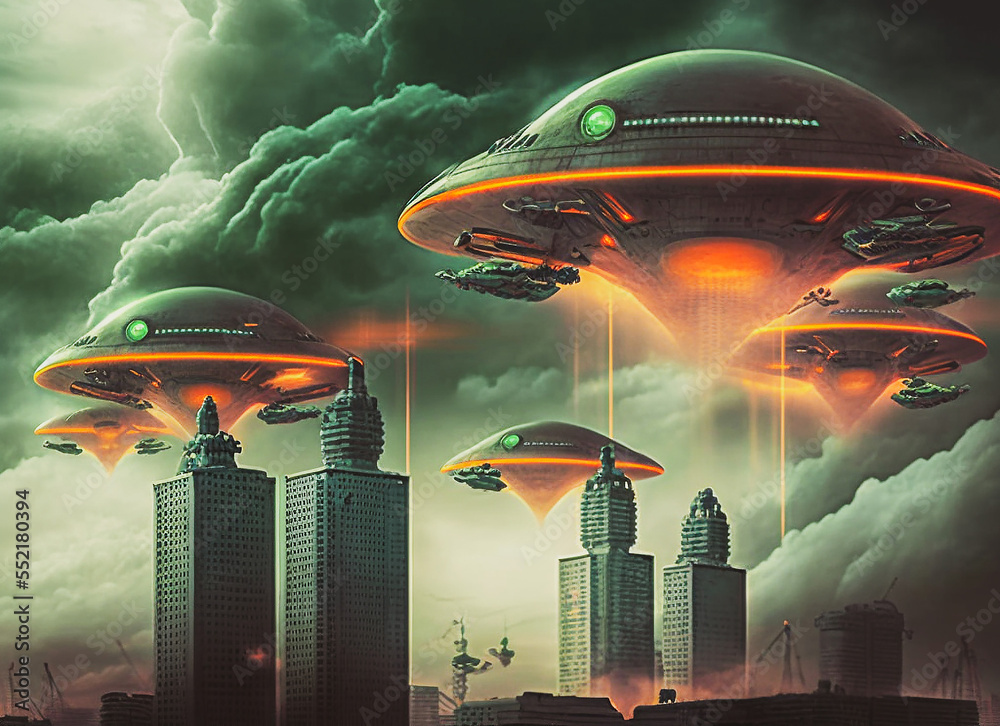 Alien space craft flying over futuristic city. The ships are round and ...