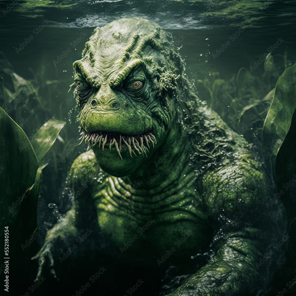 Scary swamp creature in murky lagoon water covered with algae ...