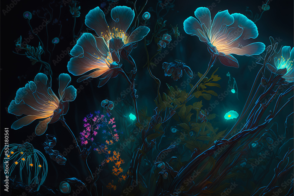 Bioluminescent flowers with glowing petals against a night dark ...