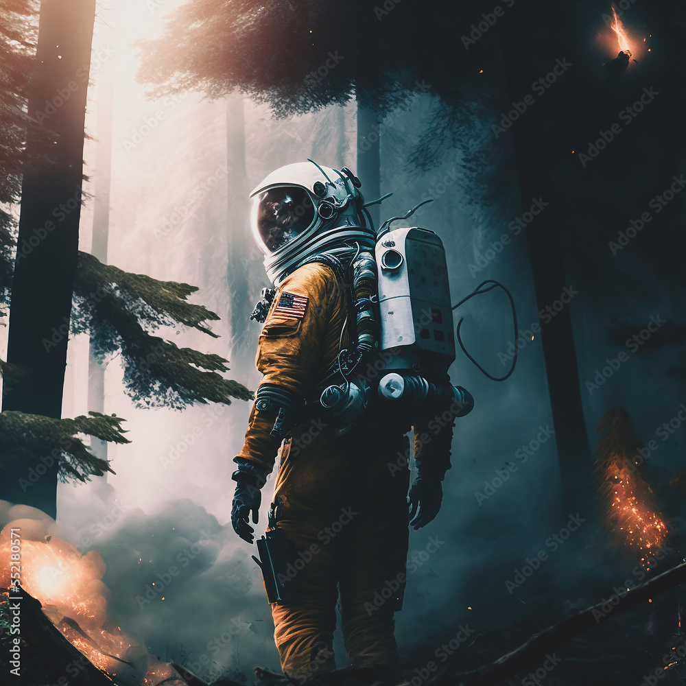 American astronaut in space suit exploring a forest filled with smoke ...