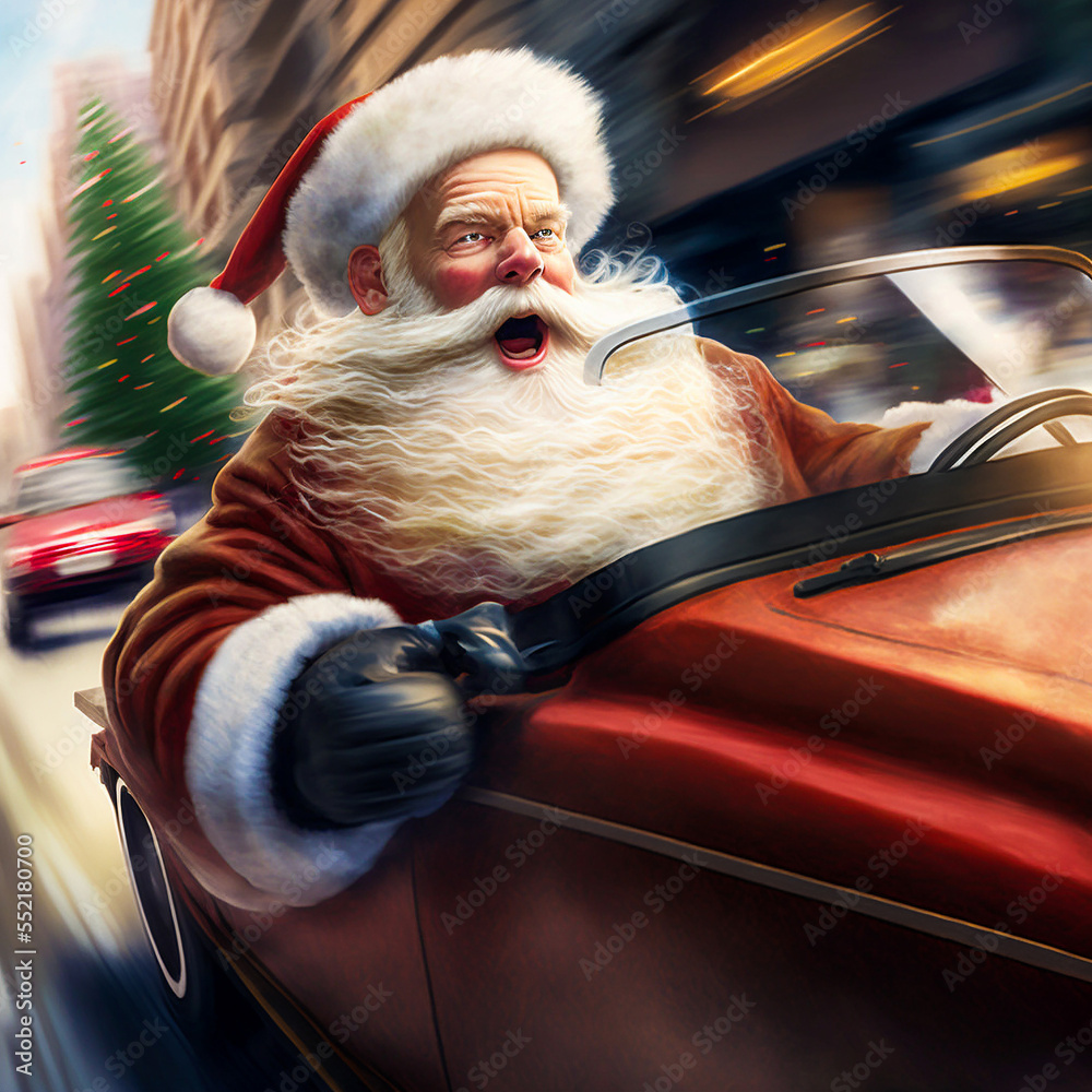 Santa Claus driving fast in a red car with a Christmas tree in the ...