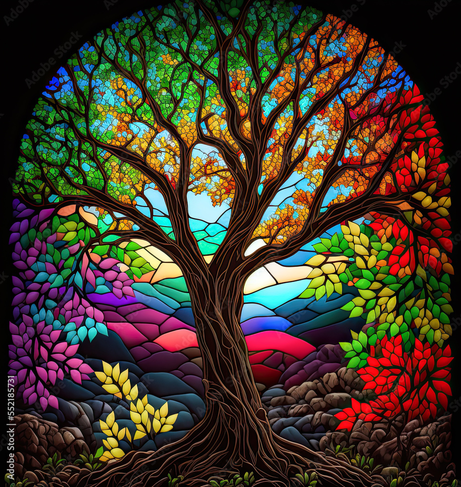 A stained glass tree. Generative AI Stock Illustration | Adobe Stock
