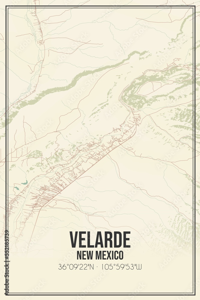 Retro US city map of Velarde, New Mexico. Vintage street map. Stock ...