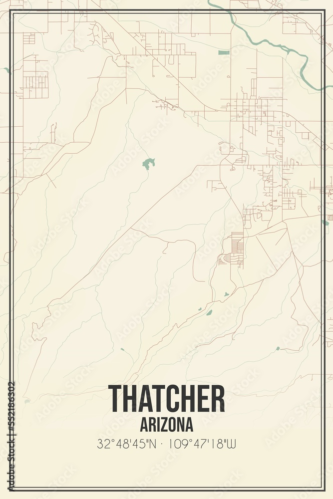 Poster Retro US city map of Thatcher, Arizona. Vintage street map ...