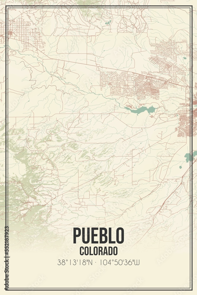 Retro US city map of Pueblo, Colorado. Vintage street map. Stock ...