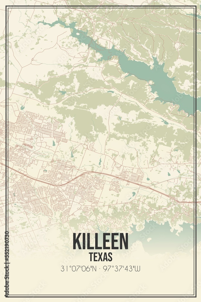 Retro US city map of Killeen, Texas. Vintage street map. Stock ...