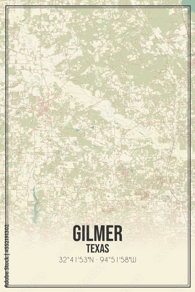 Retro US city map of Gilmer, Texas. Vintage street map. Stock ...