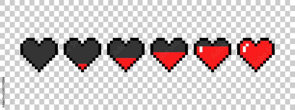 Pixel game life bar. Vector art 8 bit health heart bar. Gaming ...
