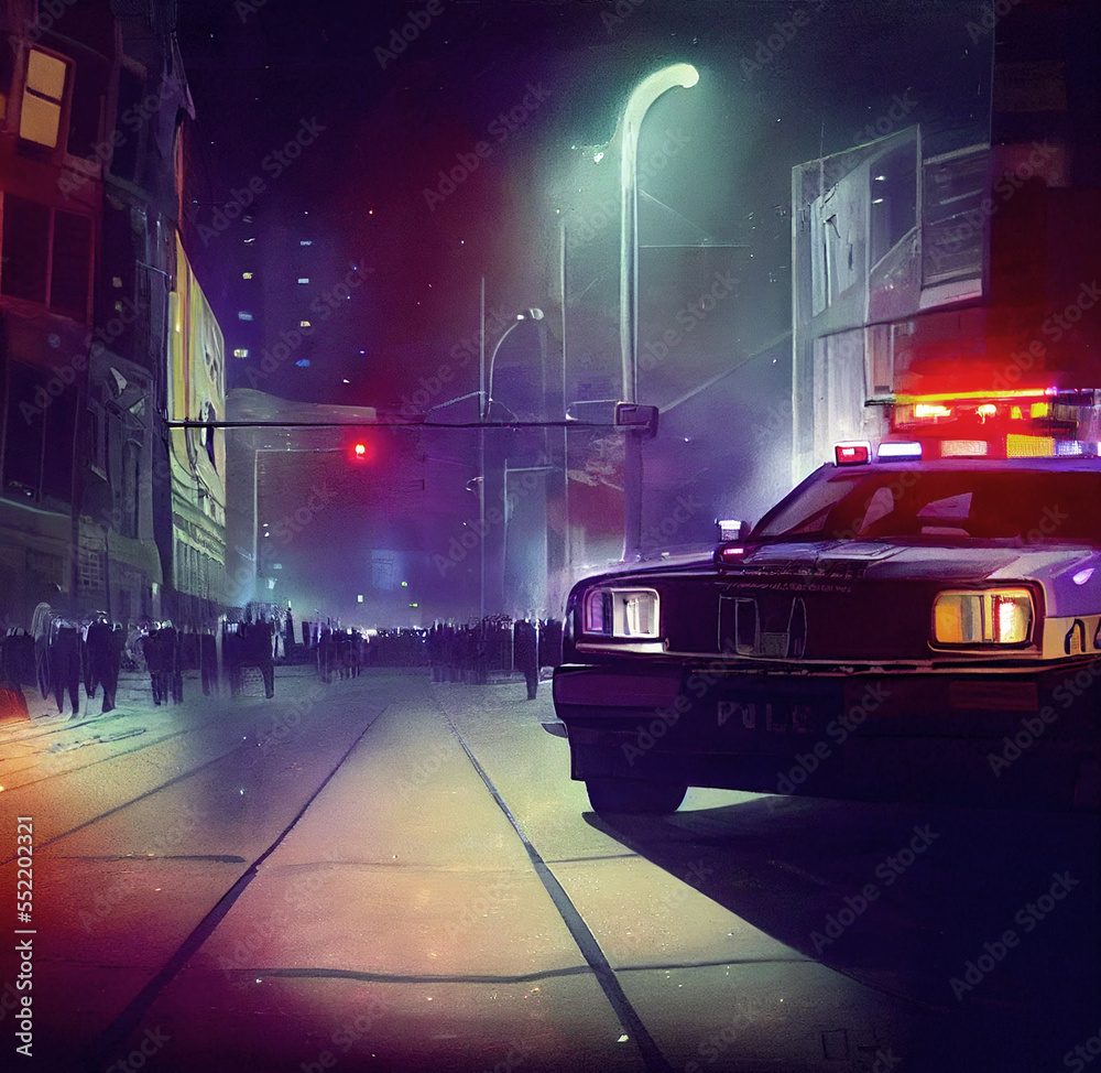 Police car at night city streets digital illustration. Blue and red ...