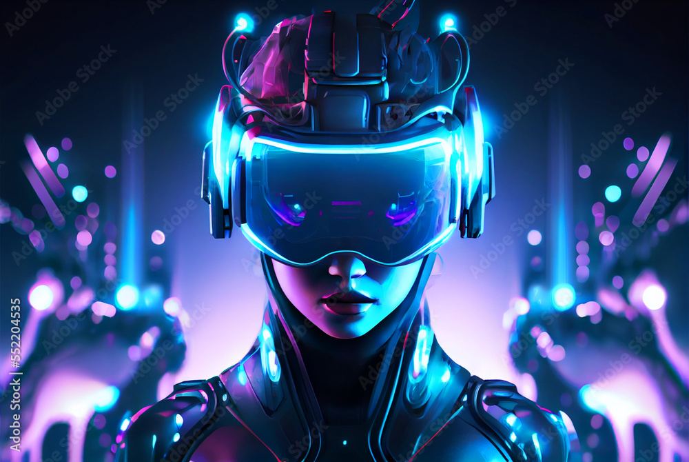 Futuristic cyborg woman wearing VR headset image created with ...