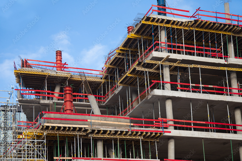 Scaffolding at the beginning on the construction site. Assembled ...