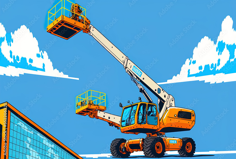 a telescopic boom lift and an articulated boom lift against a blue sky ...