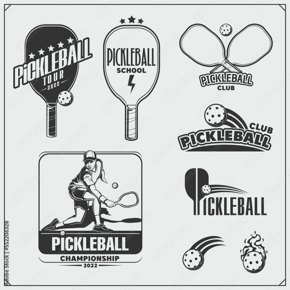 Pickleball labels, emblems, badges, design elements and silhouette of ...
