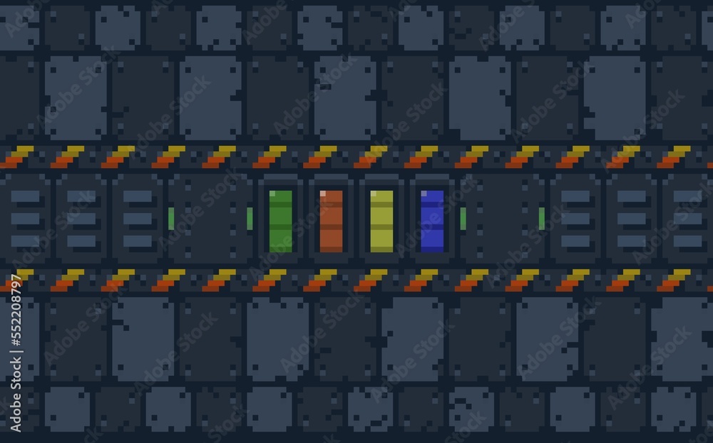 Pixel art Tileset. 2D Dungeon Steel Wall Texture with green, orange ...