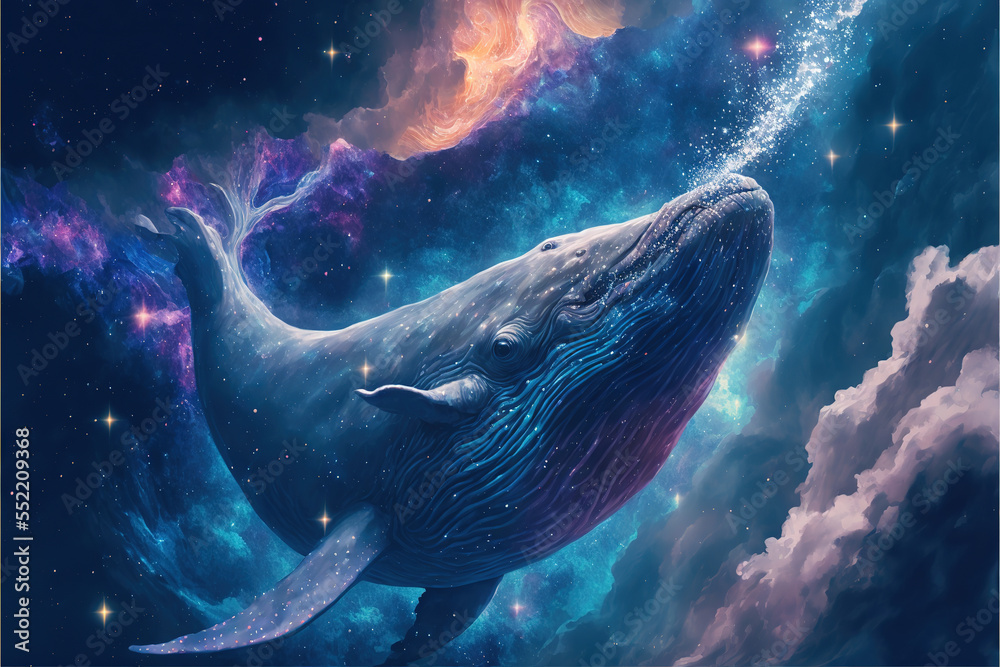 Cosmic whale swimming in space. Godlike creature, awe inspiring, dreamy digital illustration ...