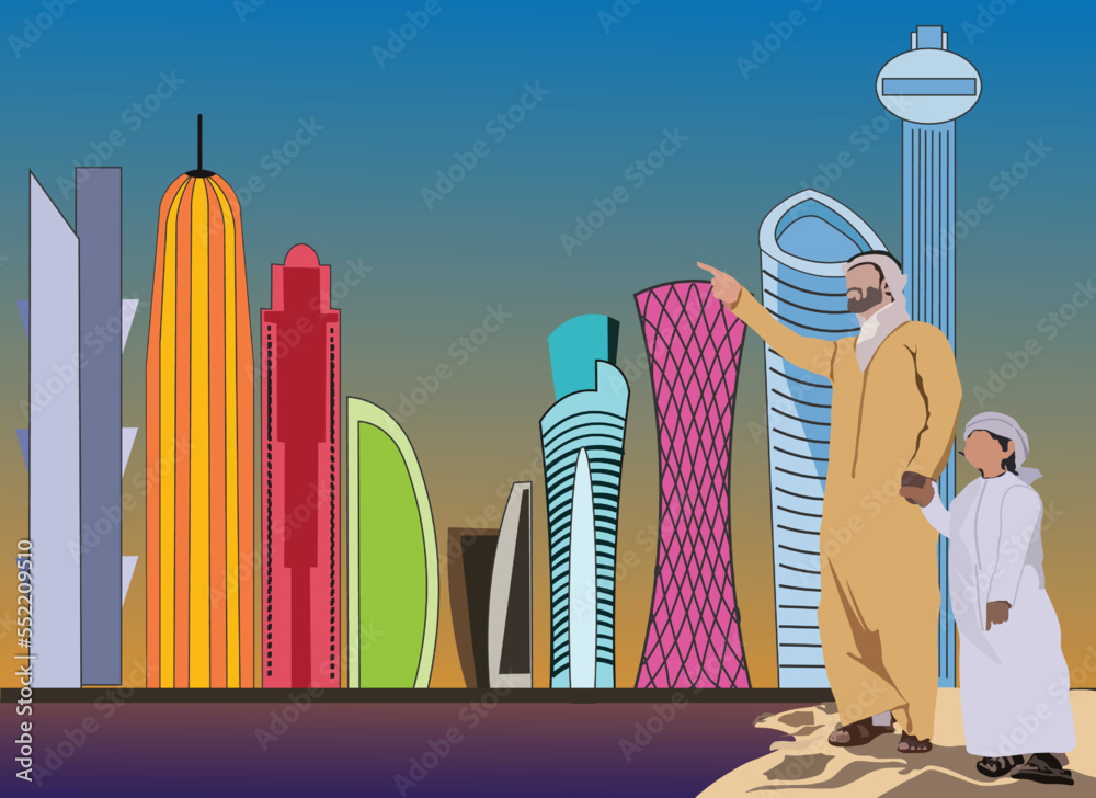 Doha, Qatar building as background with father and son of Qatar wearing ...