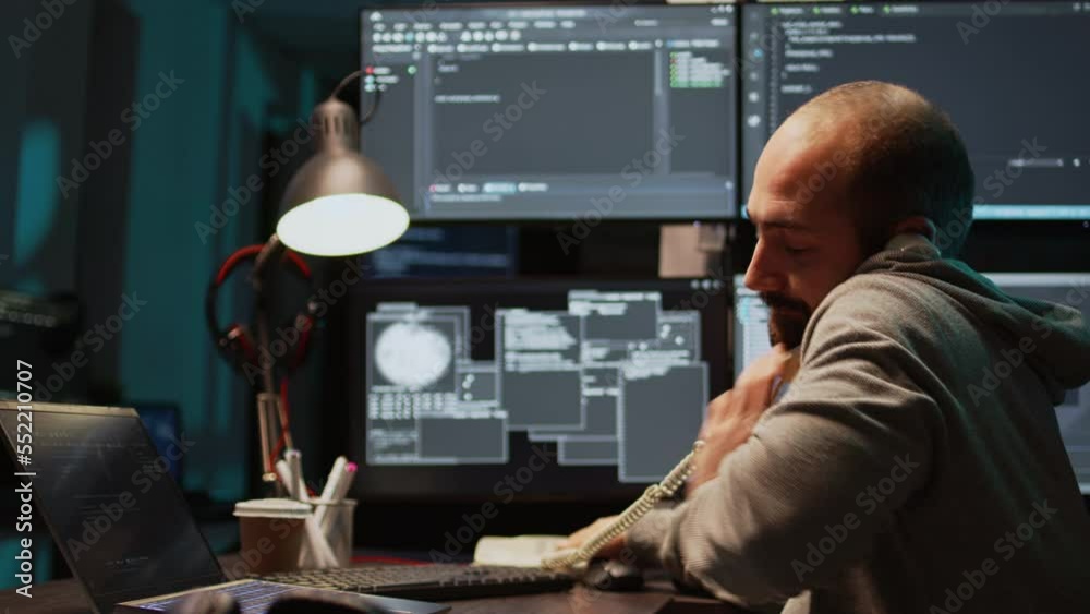 Database admin answering landline phone call late at night, talking on office telephone with ...