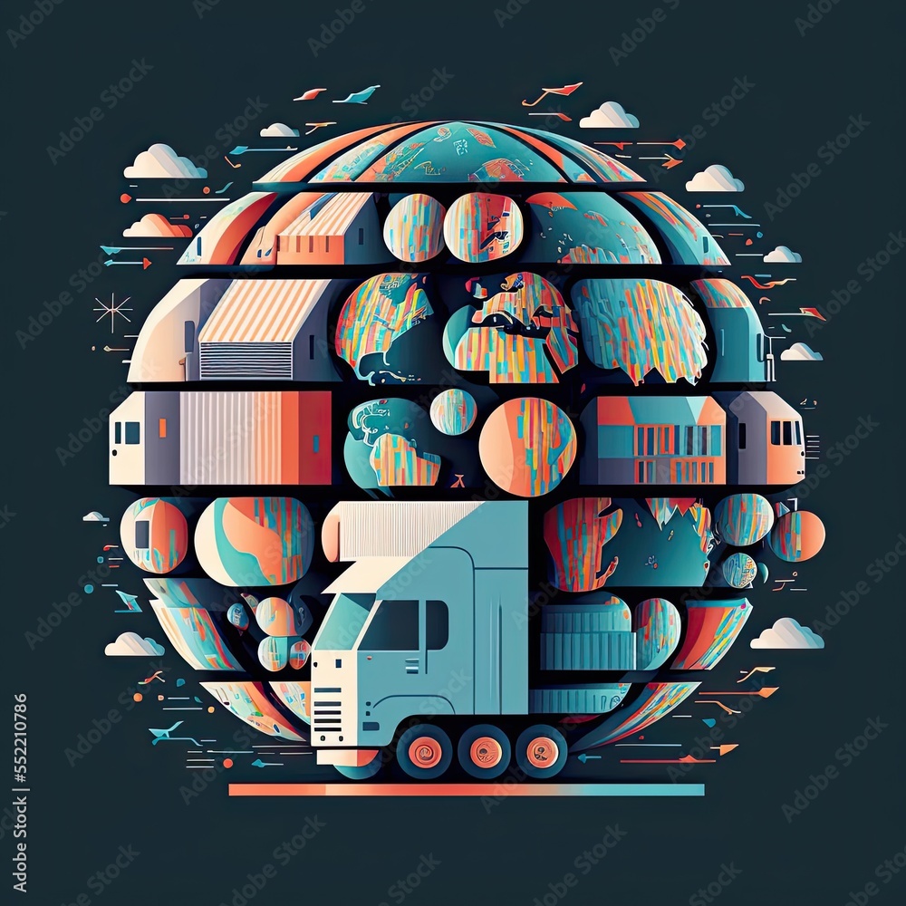 Global supply chain logistics network isometric illustration Icons set ...