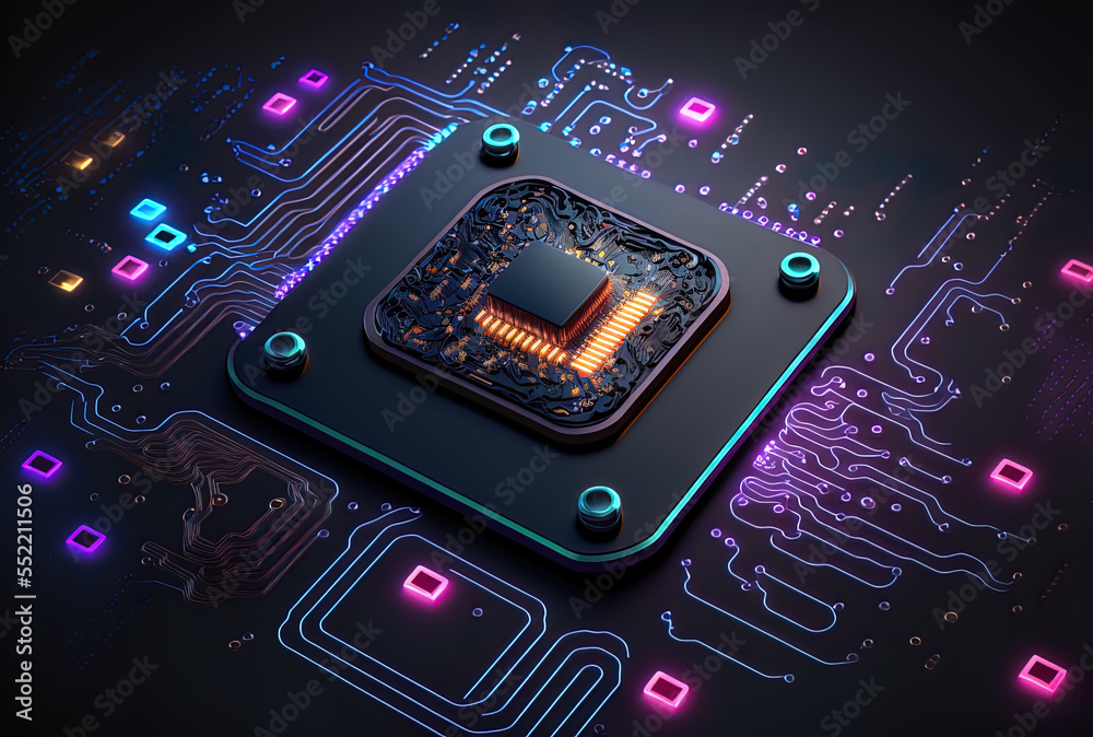 Concept of the metaverse and a creative glowing broad chip circuit ...