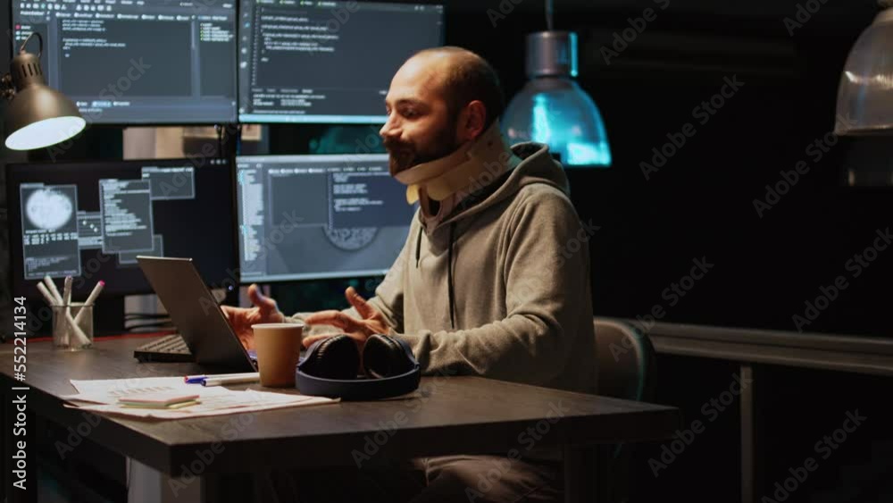 Database Admin With Neck Collar Foam Working On Code Developing At Night Typing Html Script On